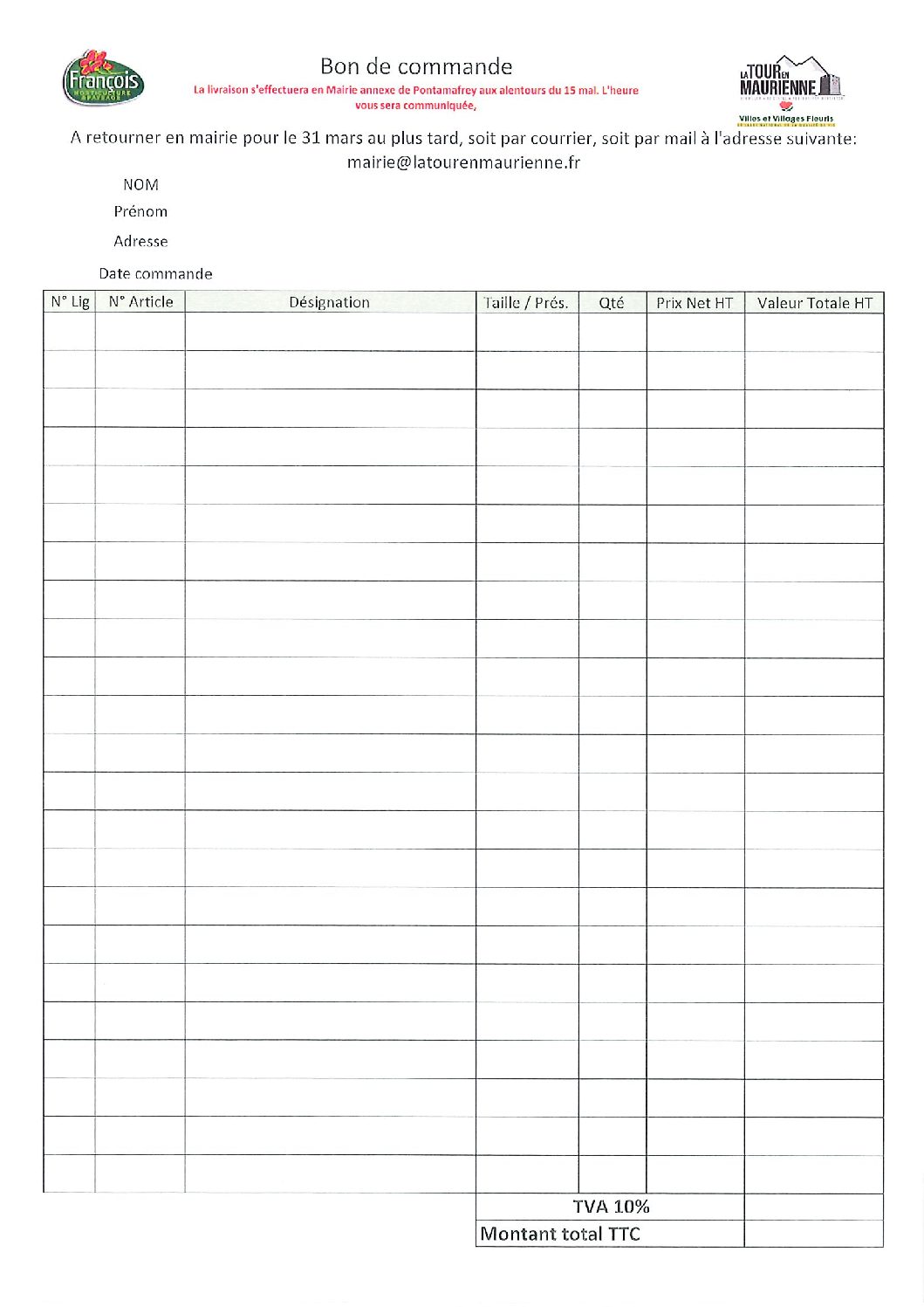 Bon de commande Fleurs - Site officiel de la Tour en Maurienne
